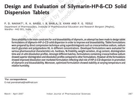 Pdf Design And Evaluation Of Silymarin Hp β Cd Solid Dispersion Tablets
