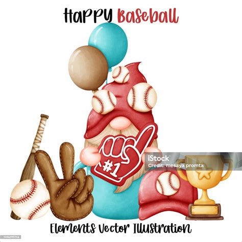 그놈 야구 커피 머그잔 트로피 응원 요소 수채화 벡터 파일 클립 아트 만화 빈티지 복고풍 스타일 배너 포스터 카드 티셔츠 스티커 10월에 대한 스톡 벡터 아트 및 기타