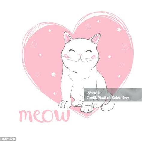 벡터 손으로 그려 안부 귀여운 고양이 얼굴 흰색 바탕에 글자와 격리 된 그림 고양이 새끼에 대한 스톡 벡터 아트 및 기타 이미지