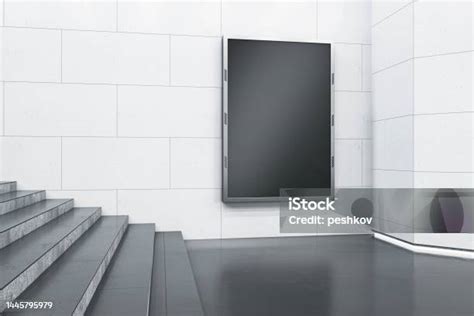 계단이 있는 지하의 빈 검은색 모형 프레임 상업 광고 개념입니다 3d 렌더링 계단에 대한 스톡 사진 및 기타 이미지 계단