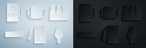 배터리 발전소 공장 및 공장 전기 연장 코드 전구 암페어 미터 멀티 미터 전압계 및 전기 패널 아이콘을 설정합니다 벡터 0명에 대한 스톡 벡터 아트 및 기타 이미지 Istock