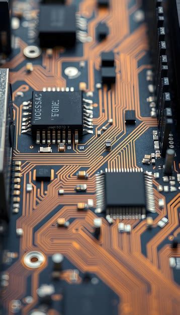 Closeup Of A Printed Circuit Board With Chips Showing The Complex Connections And Electronics