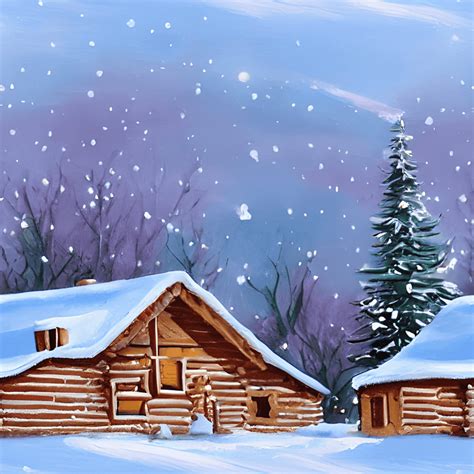 Snow Field Log Cabin Christmas Cozy Painting Creative Fabrica