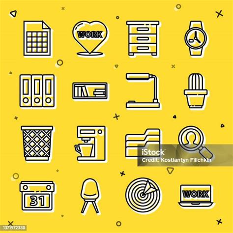 텍스트 작업라인 랩톱 검색인 선인장 및 다육식물 냄비 서랍 문서 선반 책 사무실 폴더 파일 및 테이블 램프 아이콘을 위한 돋보기를 설정합니다 벡터 가구에 대한 스톡 벡터