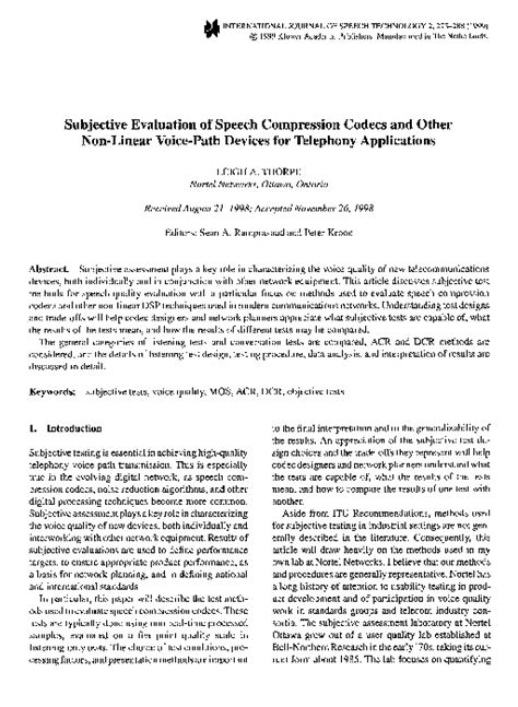 Pdf Subjective Evaluation Of Speech Compression Codecs And Other Non Linear Voice Path Devices