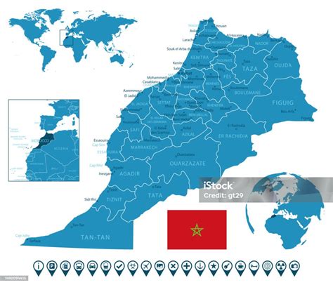 モロッコ 都市地域世界地図と地球上の位置と詳細な青い国の地図インフォグラフィックアイコン アイコンのベクターアート素材や画像を多数ご用意