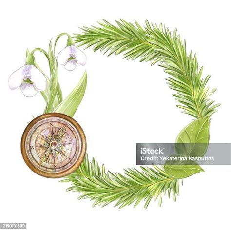 봄 숲 수채화 둥근 프레임 관광을 주제로 한 화환 전나무 가지 나침반 Snowdrop과 캠핑 손으로 그리기 전단지 전단지 초대장