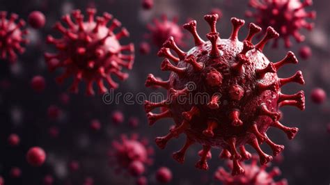 Close Up Of Red Virus Structure With Spiky Protrusions On Dark Background Stock Illustration