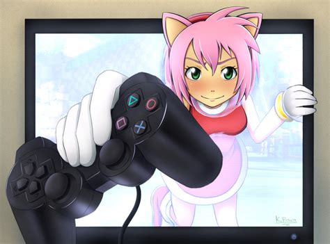Safebooru 1girl Amy Rose Animal Ears Blush Controller Dress Dualshock