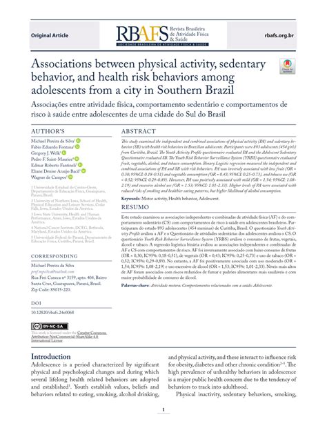 Pdf Associations Between Physical Activity Sedentary Behavior And Health Risk Behaviors