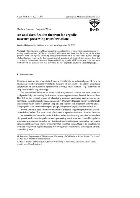 Pdf An Anti Classification Theorem For Ergodic Measure Preserving Transformations