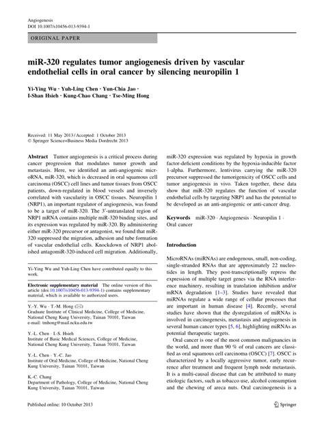 Pdf Mir 320 Regulates Tumor Angiogenesis Driven By Vascular