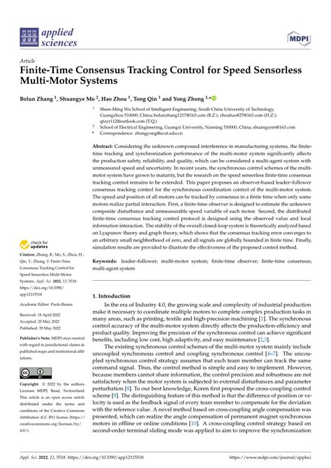 Pdf Finite Time Consensus Tracking Control For Speed Sensorless Multi