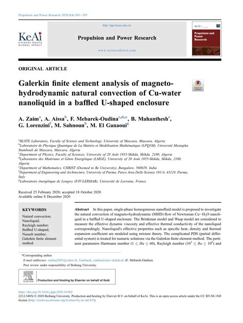 Pdf Galerkin Finite Element Analysis Of Magneto Hydrodynamic Natural Convection Of Cu Water