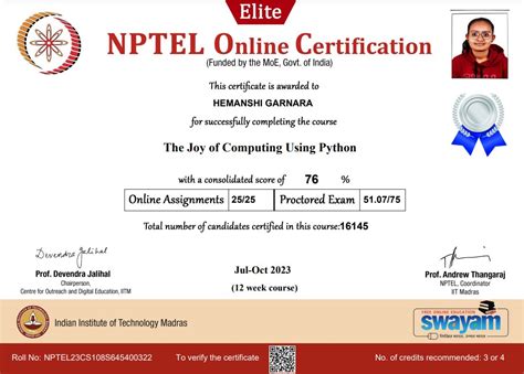 Joyofcomputingpython Nptel Python Silvercertificate Iitmadras Swayam Hemanshi Garnara