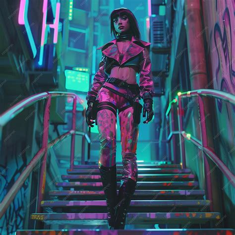 Cyberpunk Lady With Tatto And Neon Colorful Outfit Premium Ai