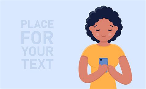 텍스트에 대한 장소와 벡터 일러스트 개념 스마트폰을 가진 소녀가 빈 공간의 텍스트를 본다 웹 사이트 및 모바일 응용 프로그램에서
