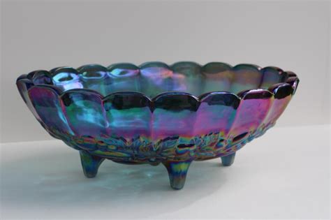 Vintage Blue Iridescent Carnival Glass Indiana Fruit Garland Footed