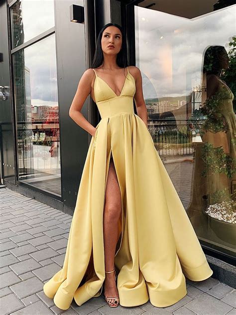 A Line V Neck Open Back Yellow Prom Dress With Leg Slit Yellow V Neck