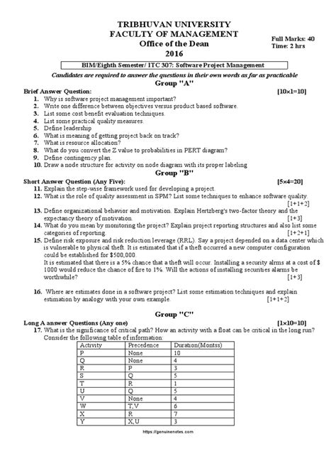 Software Project Management Exam Questions On Project Estimation