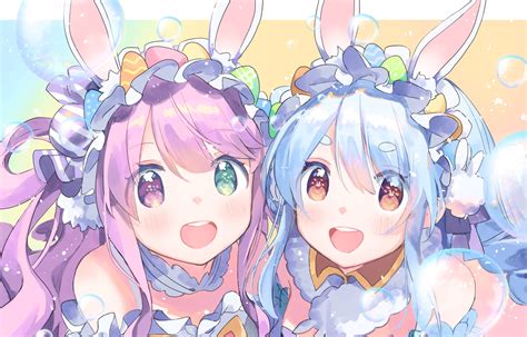 2girls Animal Ears Bicolored Eyes Blue Hair Blush Brown Eyes Bubbles