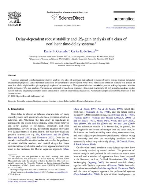 Pdf Delay Dependent Robust Stability And L2 Gain Analysis Of A Class