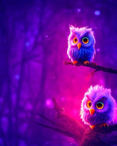 Two Purple Owls Sitting On Top Of A Tree Branch In Front Of A Purple
