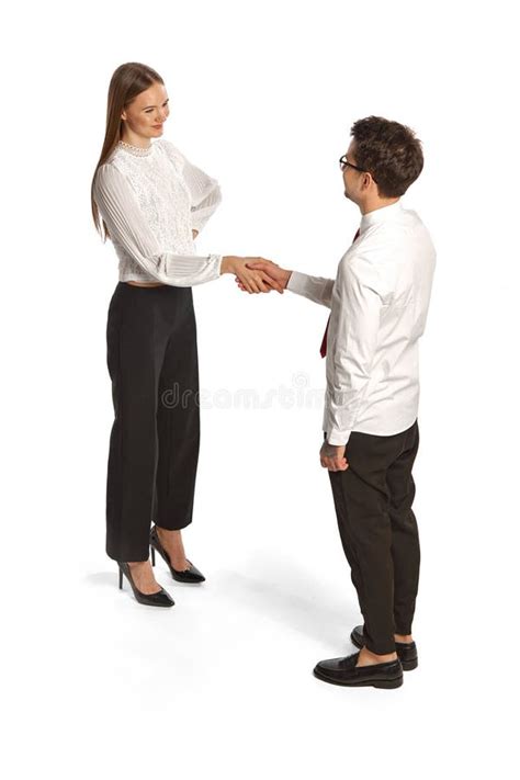 Two People Man And Woman In Business Style Clothes Interact With Each