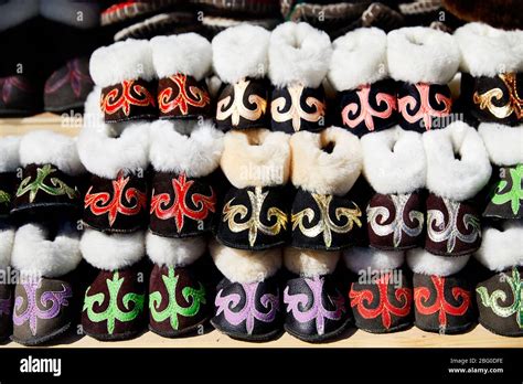 Various Of Ethnic Shoes With Kazakh Traditional Pattern Street Market