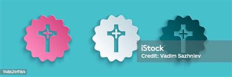 종이 는 파란색 배경에 고립 된 기독교 십자가 아이콘을 잘라 교회 십자가 종이 아트 스타일 벡터 십자형에 대한 스톡 벡터 아트 및 기타 이미지 Istock