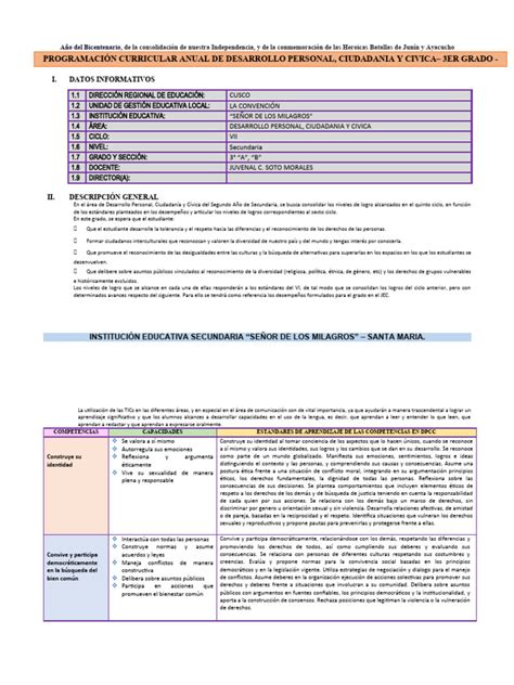 Programacion Anual Desarrollo Personal Ciudadania Y Civica 3er Grado