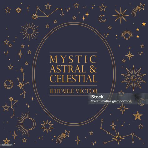 별 손 태양 달의 위상 및 복사 공간이있는 아스트랄 천체 프레임 디자인에 대한 스톡 벡터 아트 및 기타 이미지 디자인 벡터