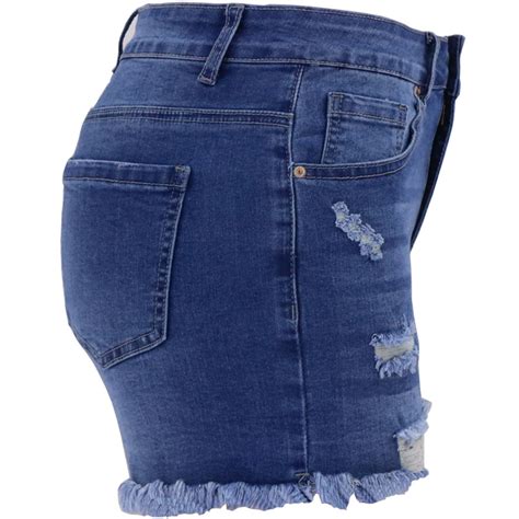 Womens Ripped Denim Shorts Stretchy Mid Rise Frayed Raw Hem Jean