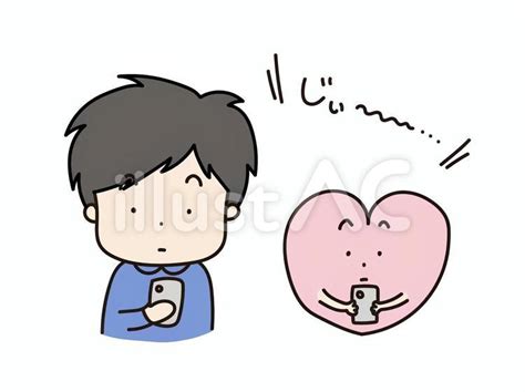 スマホに夢中 男性とハートイラスト No 23038506／無料イラストフリー素材なら「イラストac」
