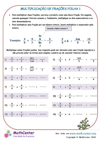 Multiplicação De Frações Folha 1 Planilhas Math Center