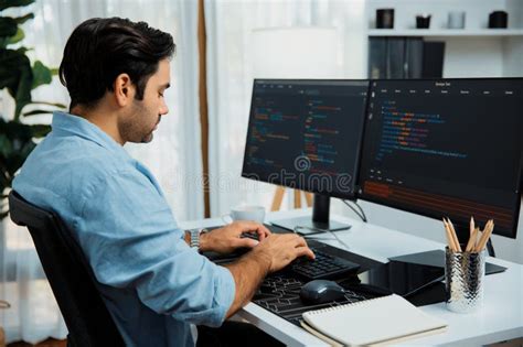 Developer Working Software Development Coding Two Computer Code Screen