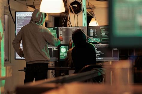 Premium Photo Young Anonymous People Cracking Firewall Encryption And