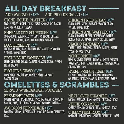 The Stonehouse Cafe Menu