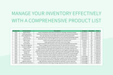 Free Product List Templates For Google Sheets And Microsoft Excel Slidesdocs
