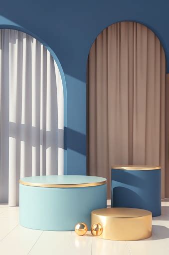 곡선 모양 사각형 모양 커튼 및 수직 연단 디스플레이 빛과 그림자 황금색과 파란색 테마 최소한의 스타일 3d 렌더링 0명에 대한 스톡 사진 및 기타 이미지 Istock