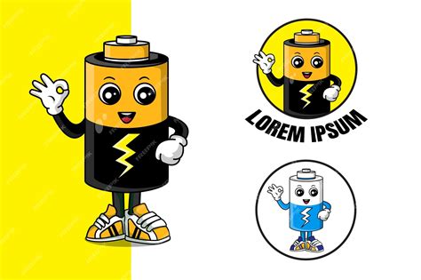 귀여운 배터리 만화 마스코트 캐릭터 로고 프리미엄 벡터