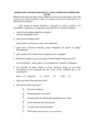 Modelo De Cuestionario Inicial Para Conocer El Perfil Del Grupo Pdf