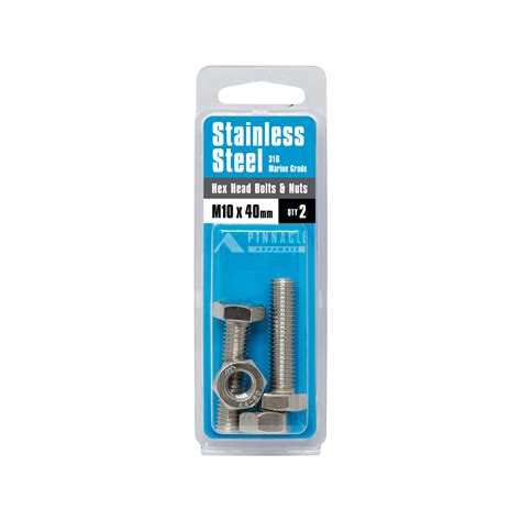 Pinnacle M10 X 40mm Stainless Steel Hex Bolt And Nut 2 Pack