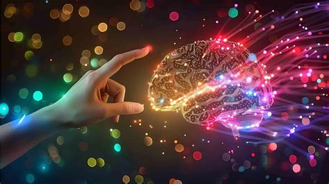 Hand Touching Brain And Network Connection On Bright Lights Colorful Background Premium Ai