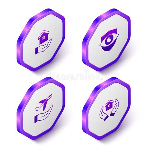 Set Isometric House In Hand Shield Eye Plane And Icon Purple Hexagon Button Vector Stock