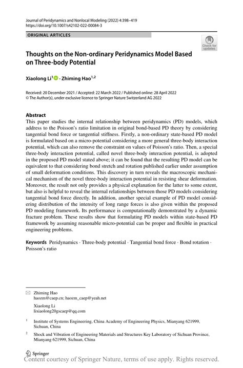 Thoughts On The Non Ordinary Peridynamics Model Based On Three Body Potential Request Pdf