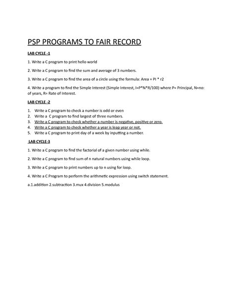 psp programs to fair record psp programs to fair record lab cycle
