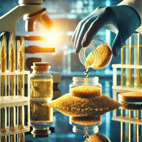 Golden Grains In Laboratory Setting With Test Tubes And Scientific Equipment Stock Illustration