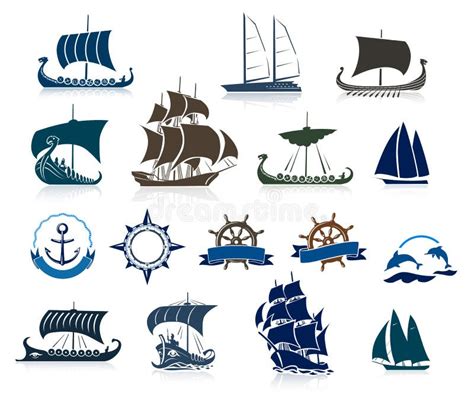 Symboler För Sjötransport Av Fartyg Eller Marina Fartygsikoner Vektor Illustrationer
