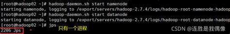 启动hadoop集群、启动hadoop的hdfs失败、namenode启动不了、datanode启动不了、jps后进程只有一个hadoop中